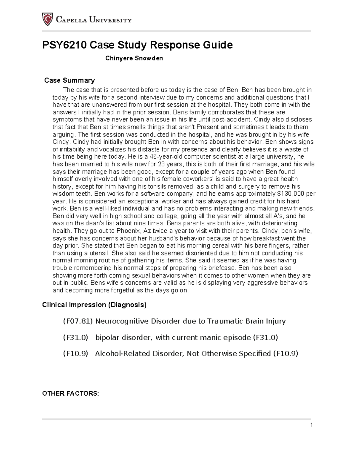 Week 5 case study Ben - week 5 assignment - PSY6210 Case Study Response ...