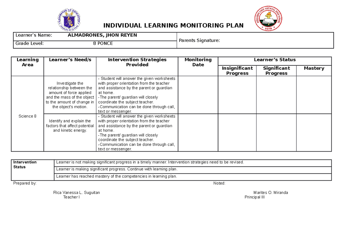 ILMP - ILMP - Learner’s Name: ALMADRONES, JHON REYEN Parents Signature ...