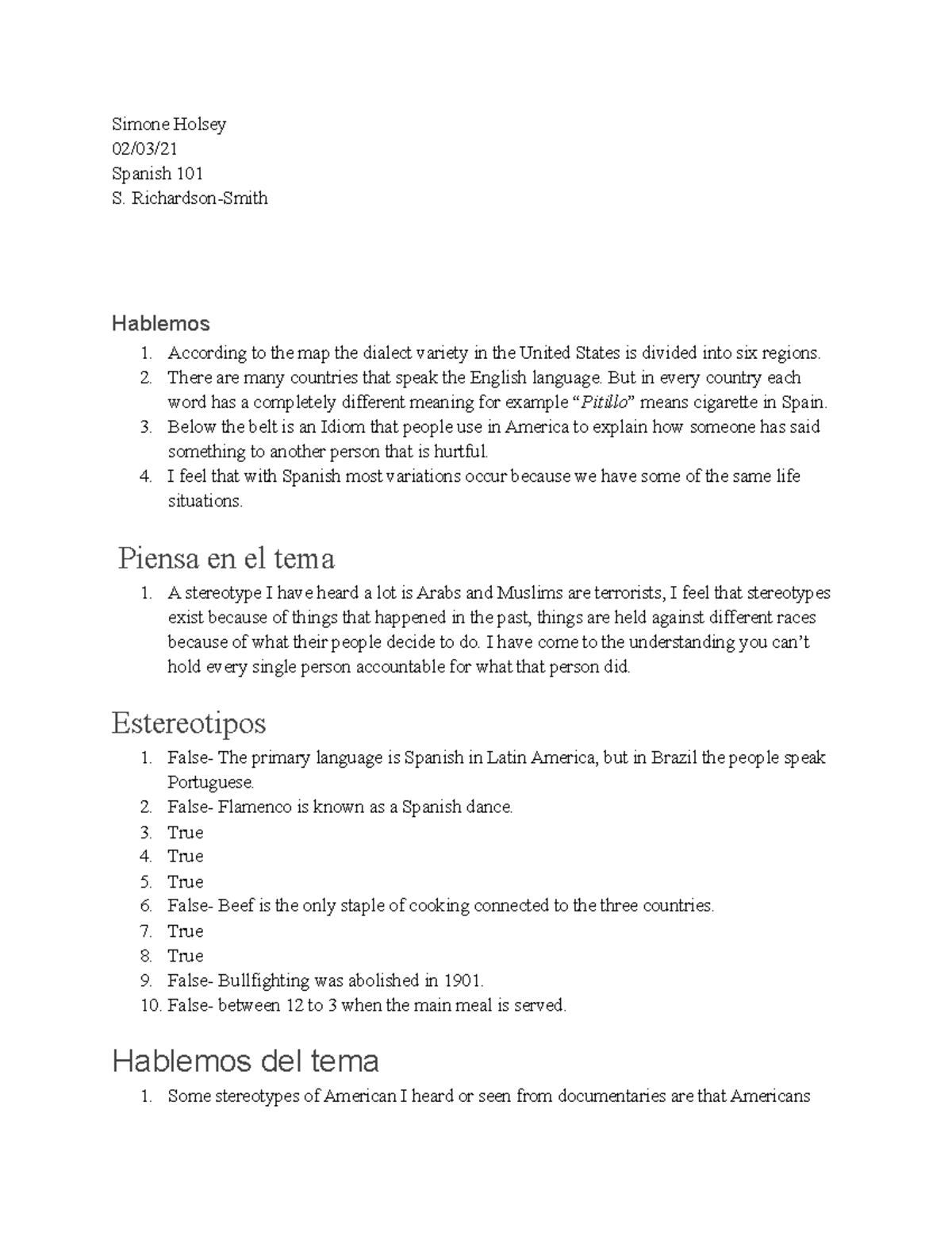 Spanish - Simone Holsey 02/03/ Spanish 101 S. Richardson-Smith Hablemos ...