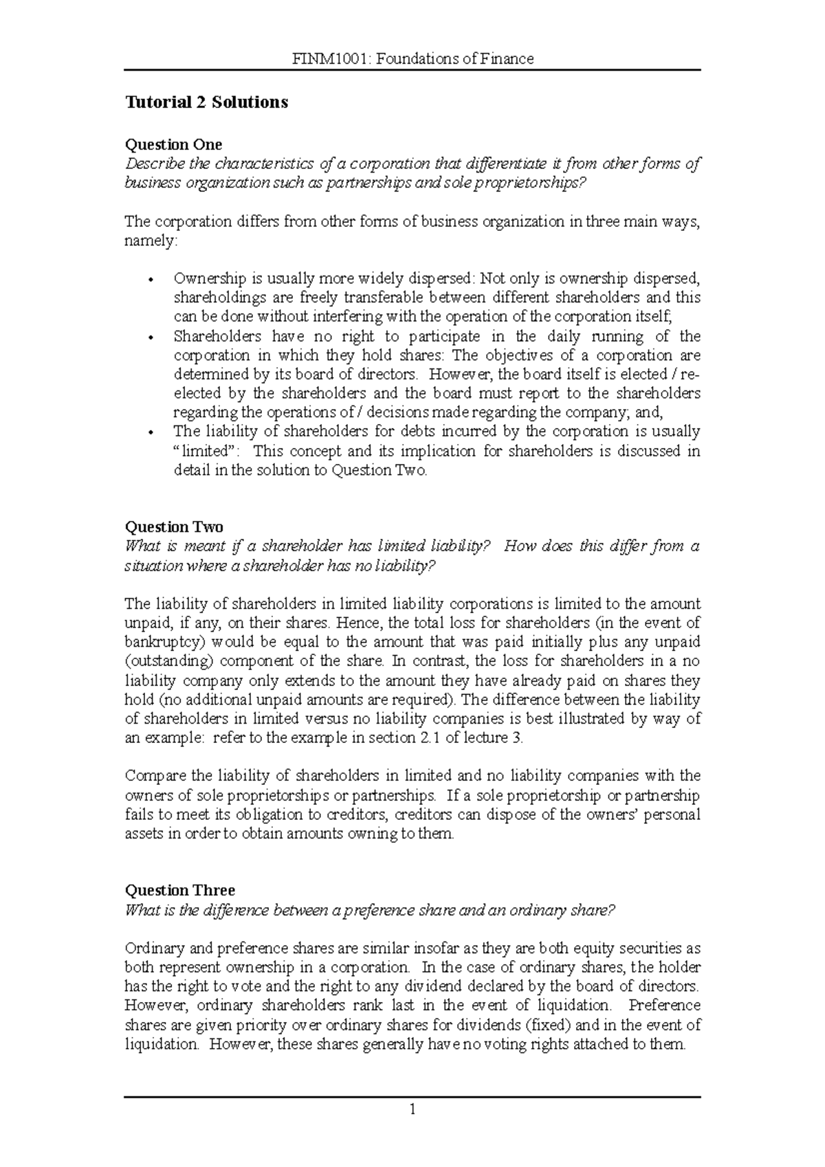 Tutorial 2 Solutions - FINM1001: Foundations of Finance Tutorial 2 ...