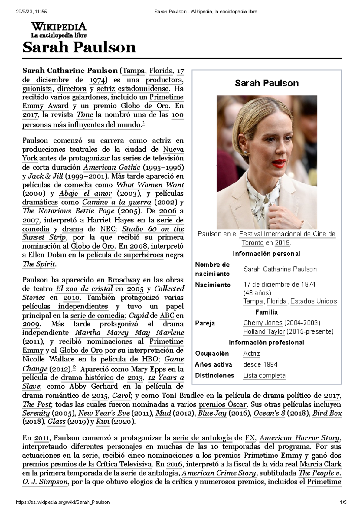 Sarah Paulson - Wikipedia, la enciclopedia libre - Sarah Paulson ...