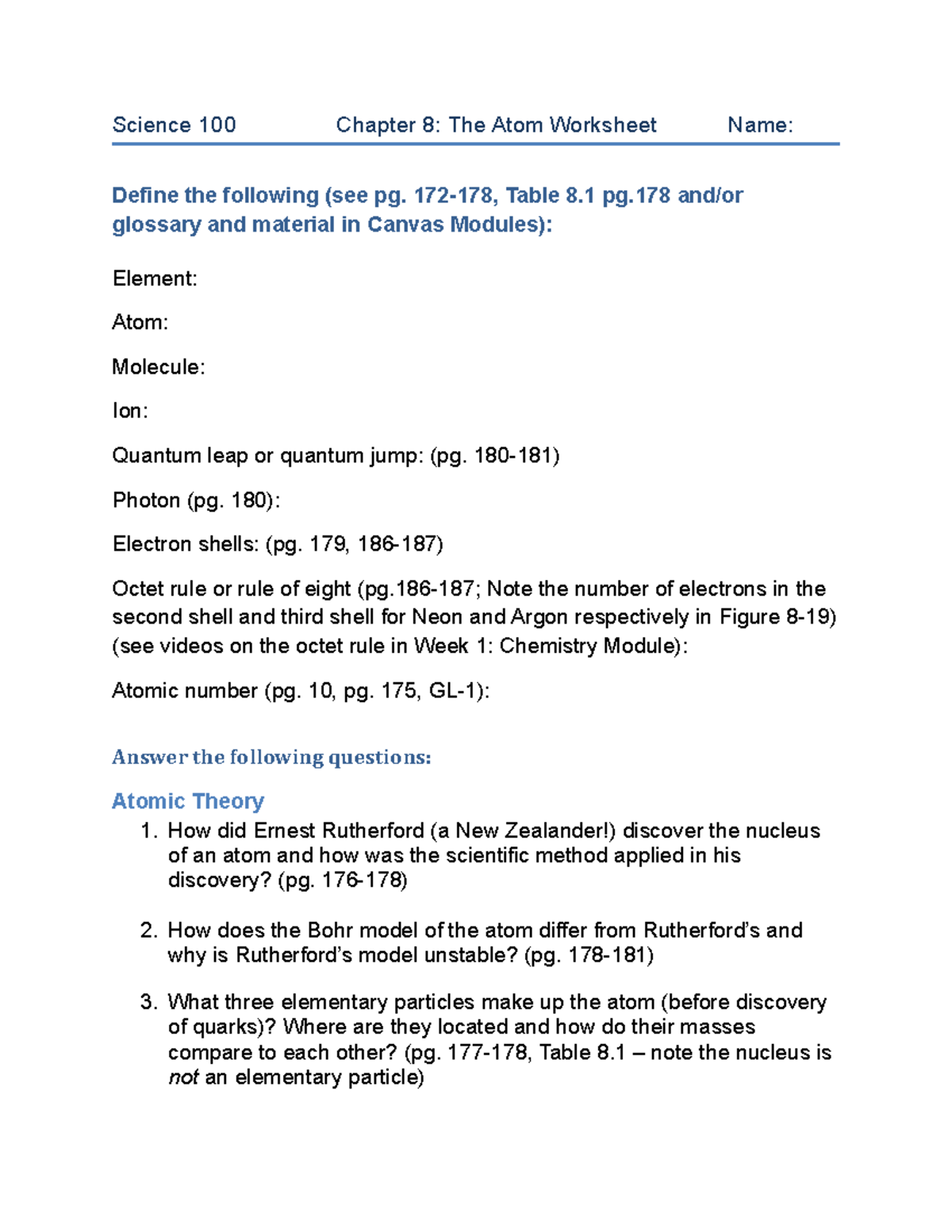 Chapter 8The Atom Worksheet Sp'22 - Science 100 Chapter 8: The Atom ...