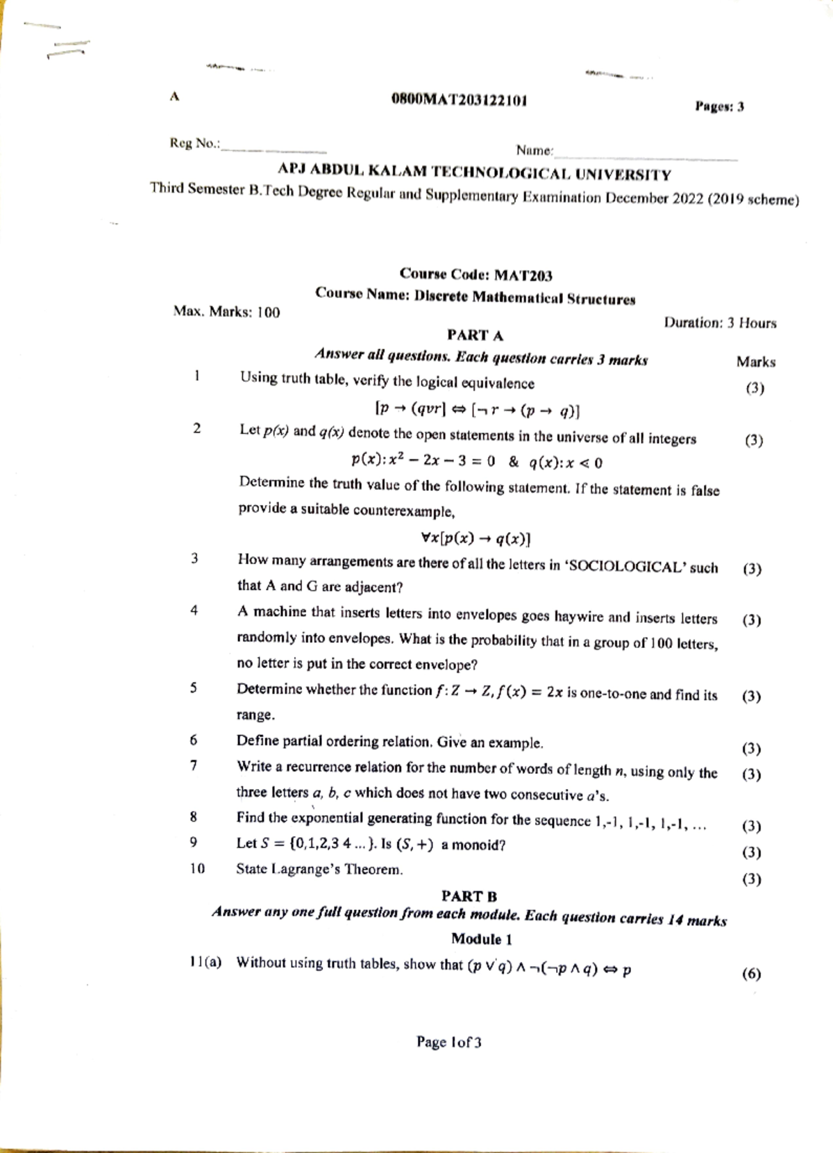 DEC 2022(2019 )Previous Year Question Paper All - ####### Reg No.: Max ...