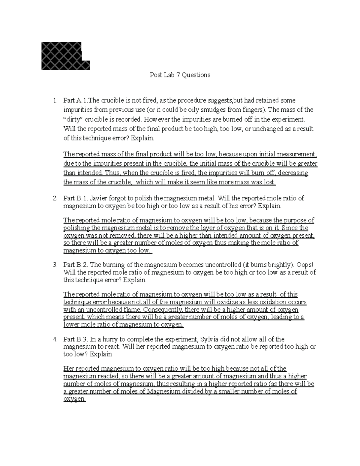 CHEM 25 POST LAB 7 Questions - 3RVW /DE 4XHVWLRQV - Studocu