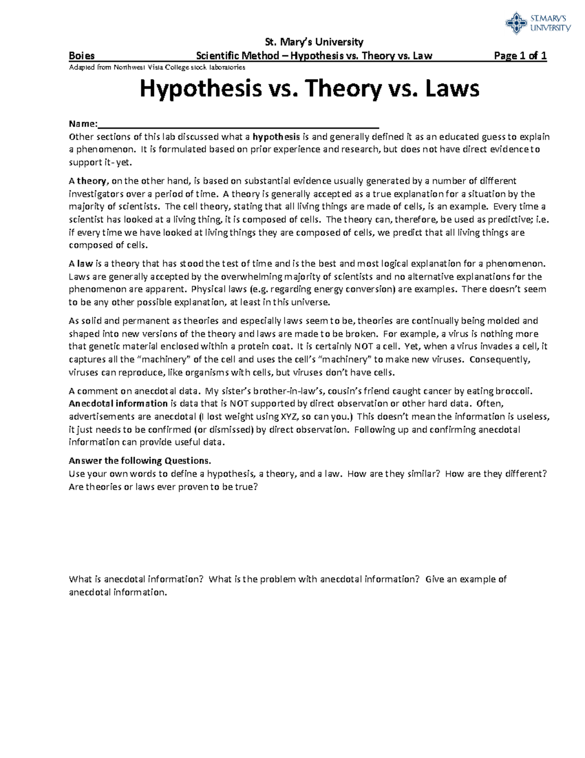 Scientific Method Hv Tv L - St. Mary’s University Boies Scientific ...