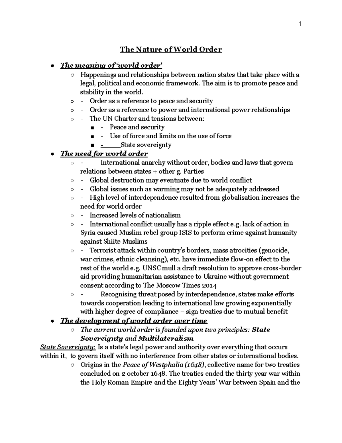 HSC Legal Studies Notes - The Nature of World Order The meaning of ...