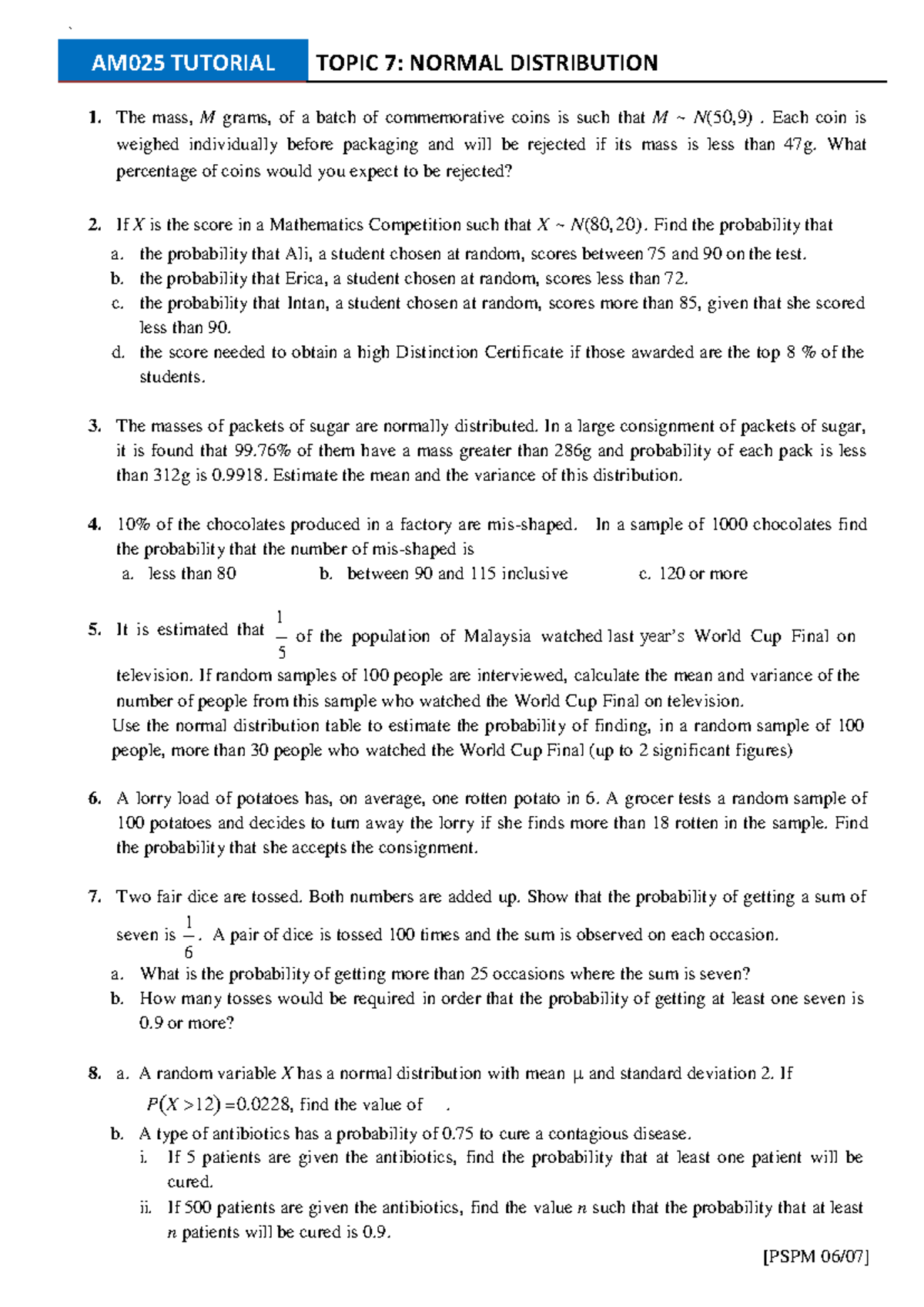 Topic 7 AM025 TUTO - ` AM025 TUTORIAL TOPIC 7: NORMAL DISTRIBUTION 1 ...