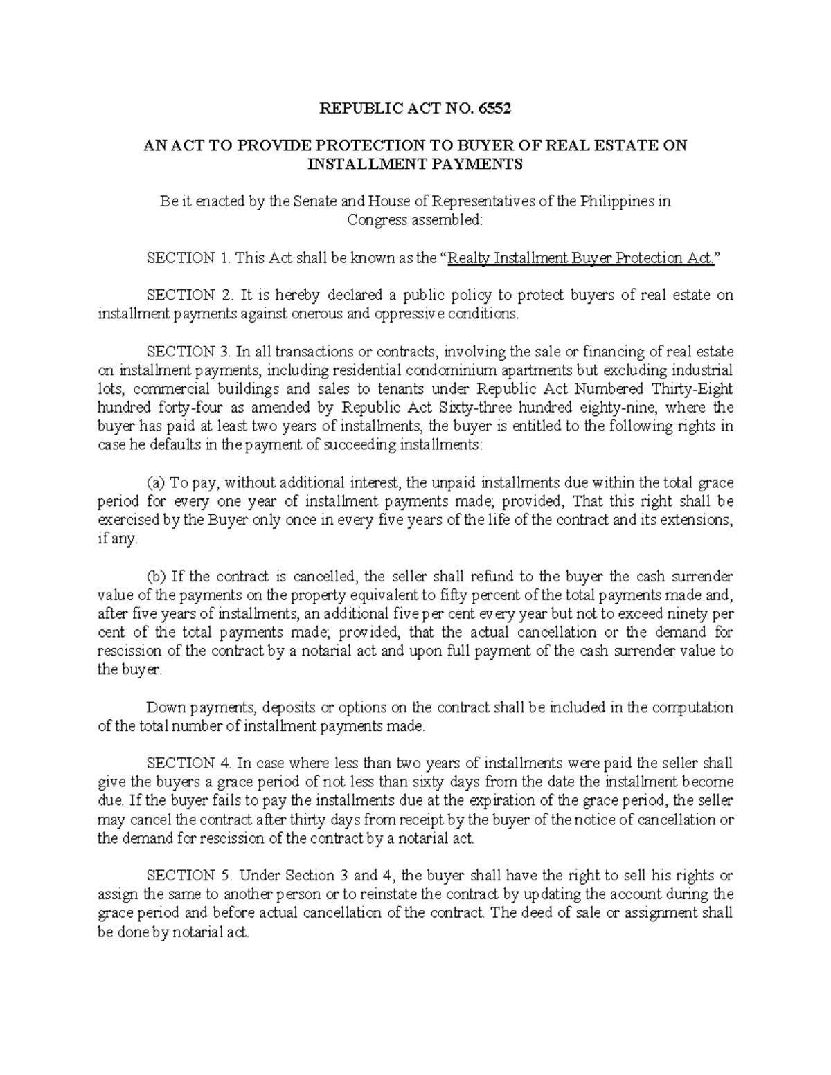 Ra 6552 - REPUBLIC ACT NO. 6552 AN ACT TO PROVIDE PROTECTION TO BUYER ...