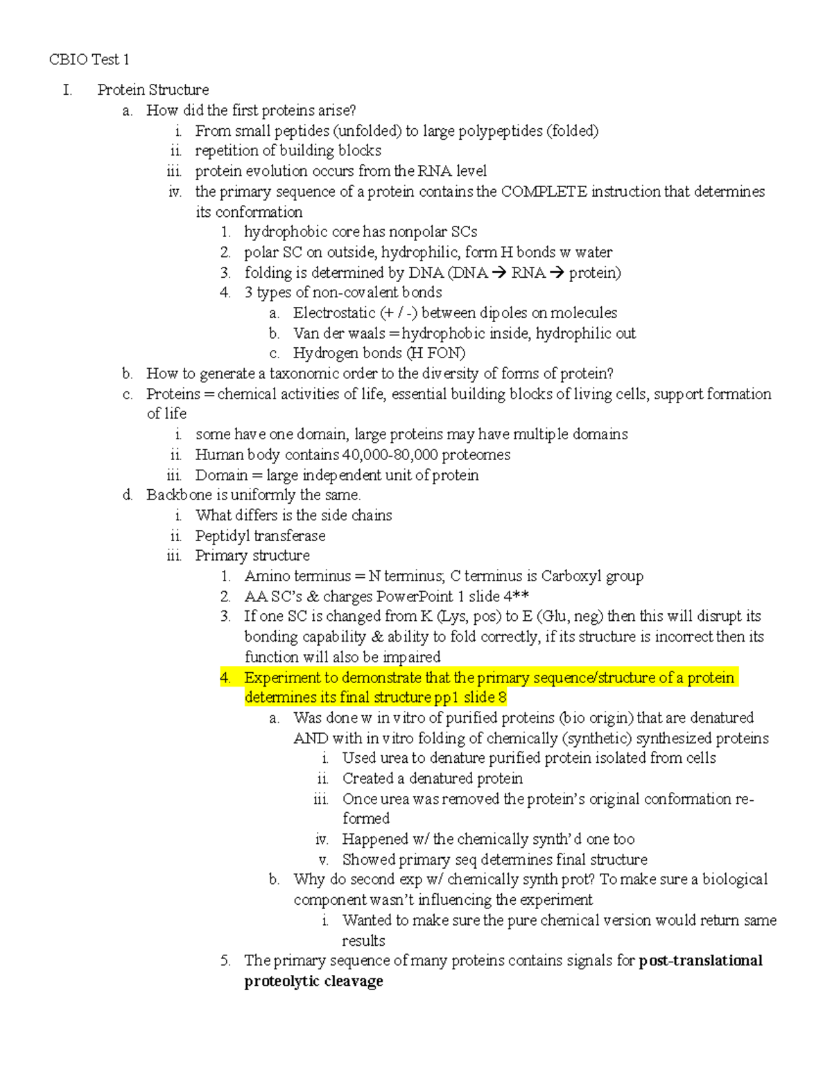 CBIO Test 1 - Dr. Shen and Dr. Kipreos - CBIO Test 1 I. Protein ...