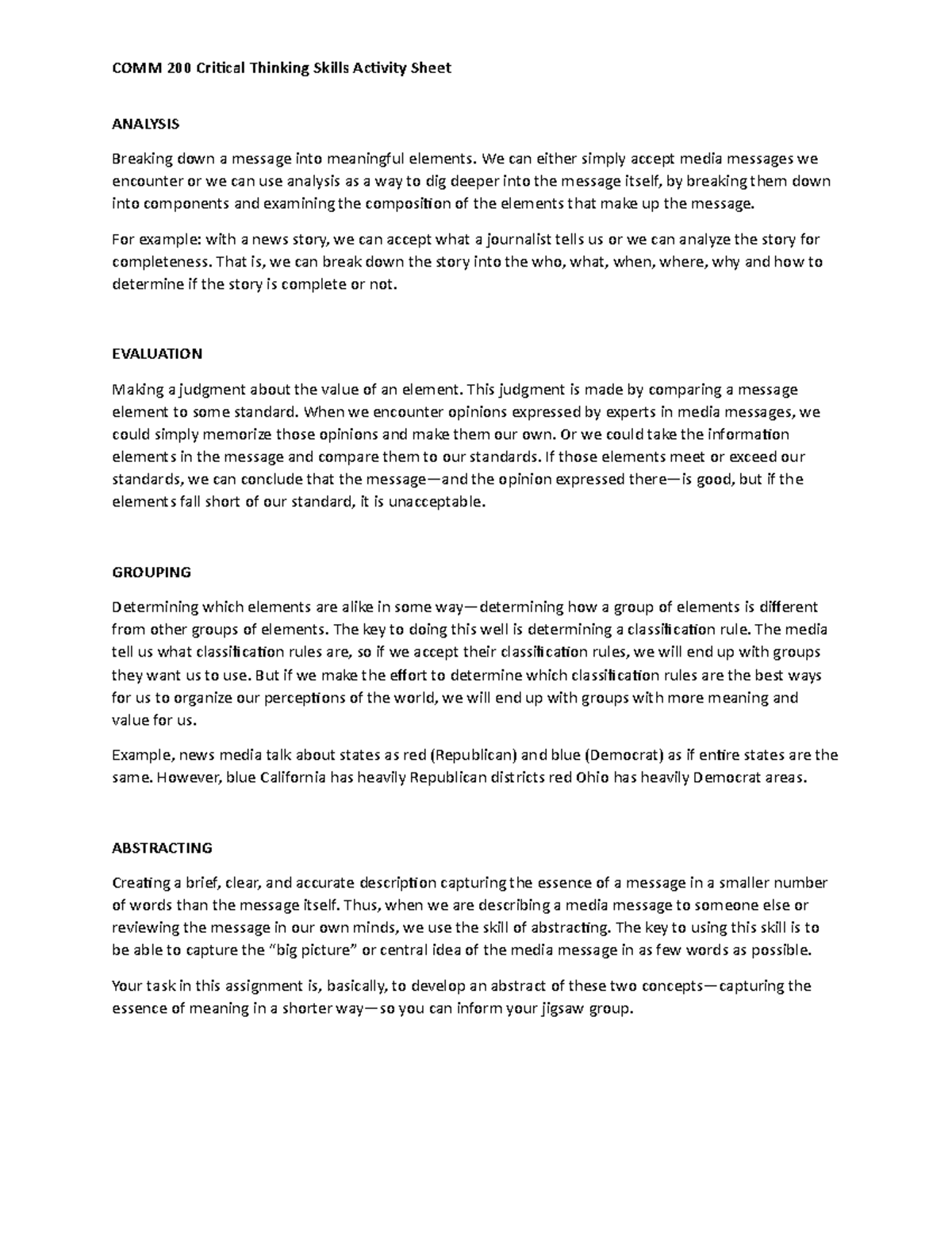 COMM 200 - Critical Thinking Skills ALL Handout - COMM 200 Critical ...