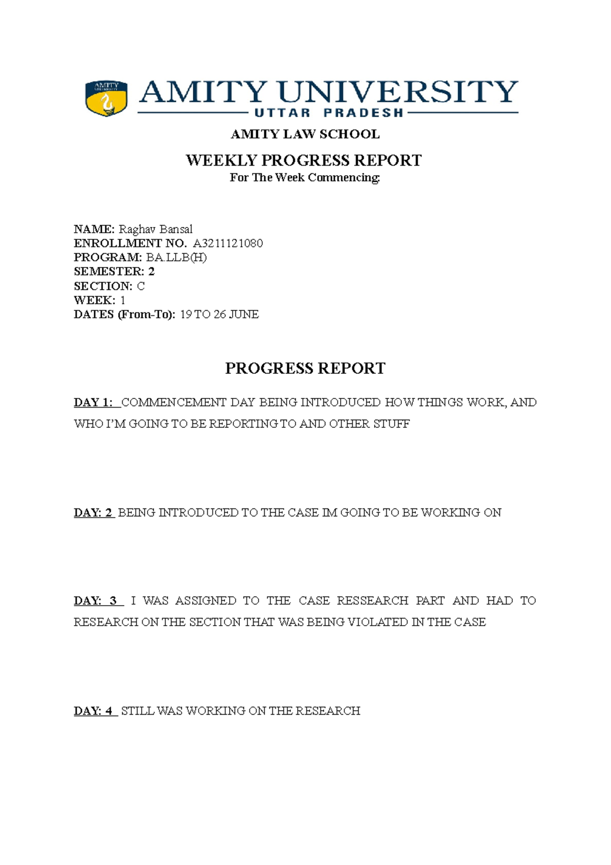 WPR- Format - Hayshhehevveuebd - AMITY LAW SCHOOL WEEKLY PROGRESS REPORT For The Week Commencing ...
