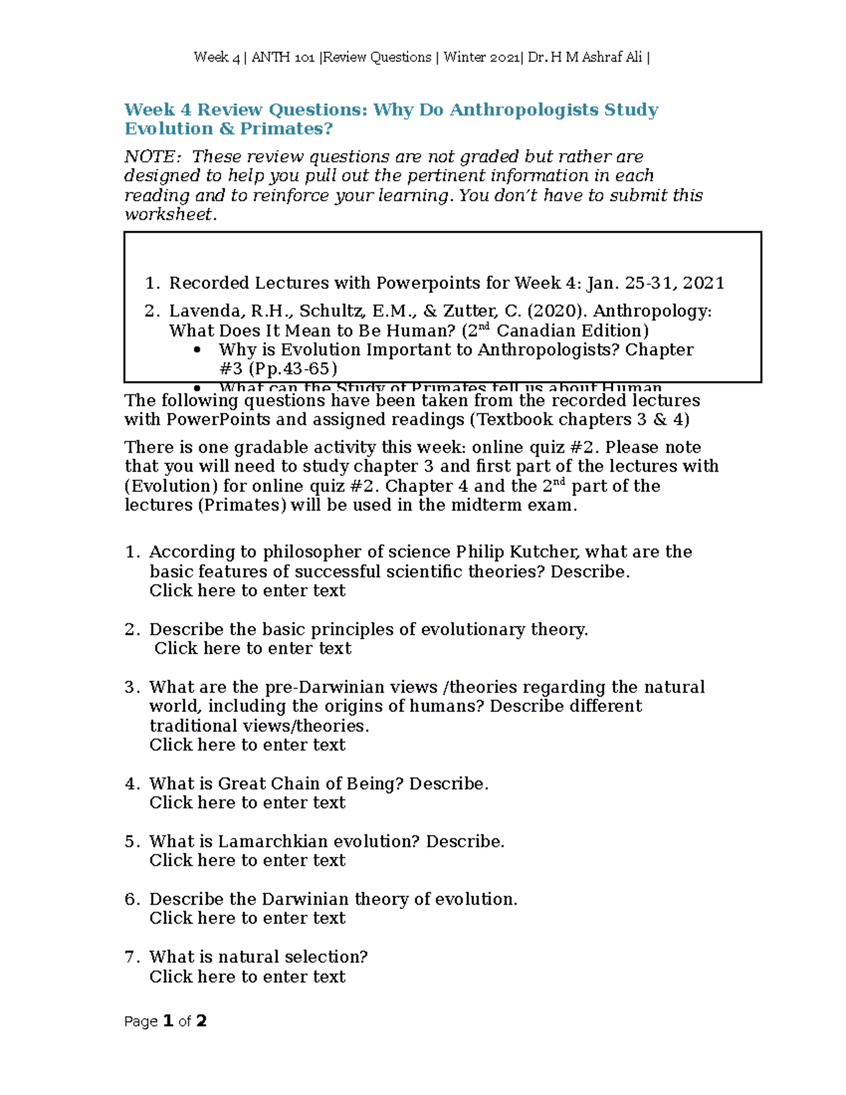 Week 4 Review Questions ANTH 101 - Week 4 | ANTH 101 |Review Questions | Winter 2021| Dr. H M ...