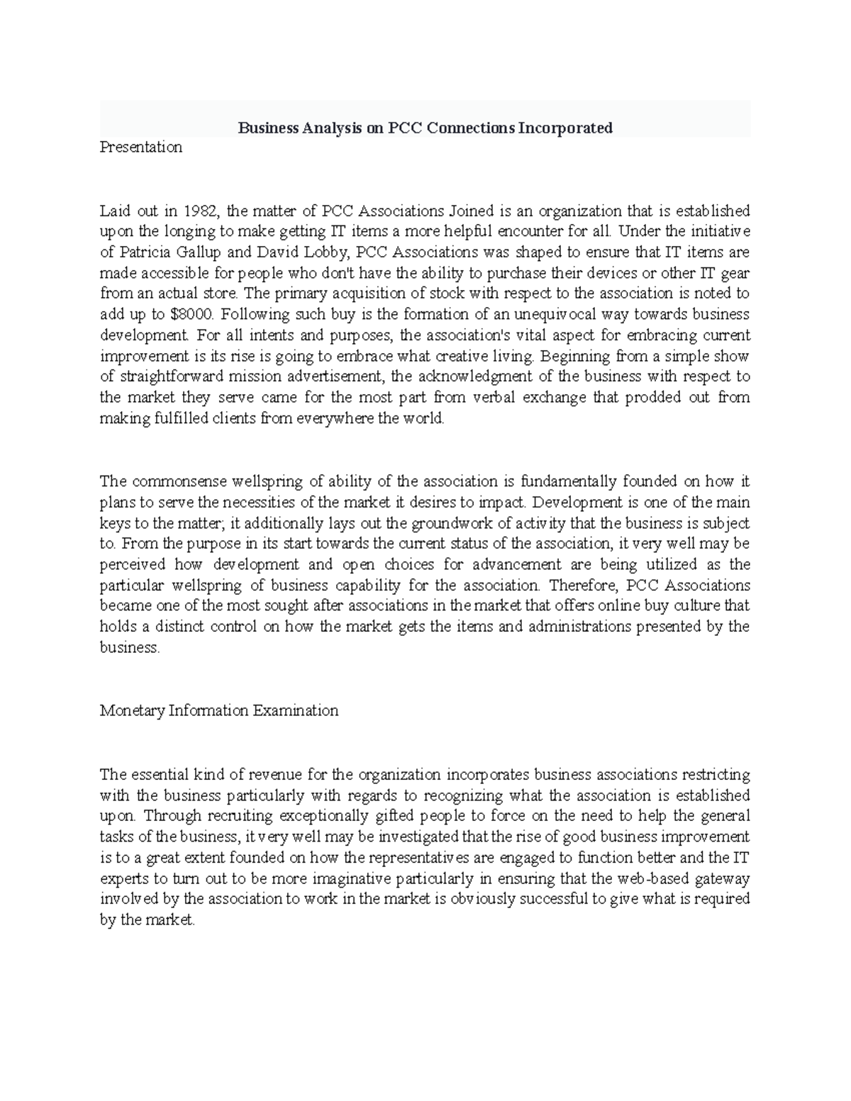 Business Analysis on PCC Connections Incorporated - Basic Research ...