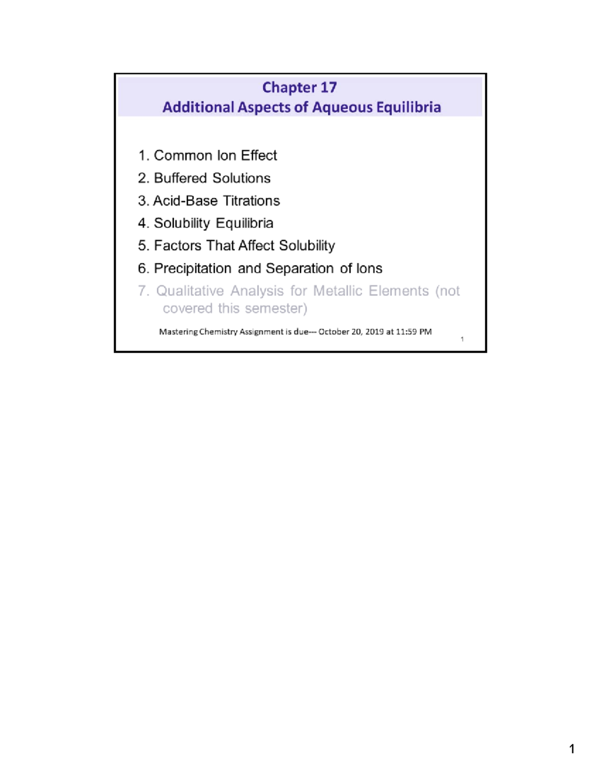 Chem 1120 Chapter 17 Additional Aqueous Equilibria f19 Part 1 (1 per ...
