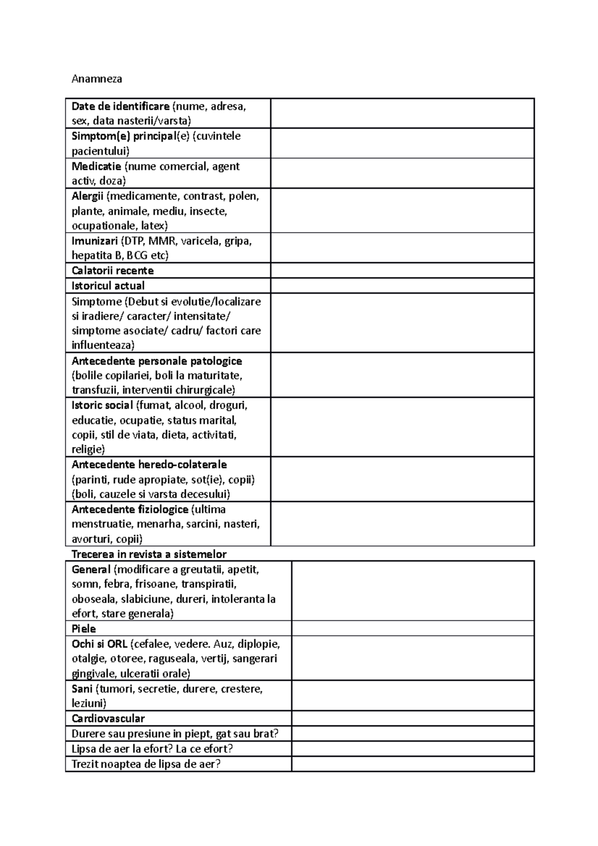 Anamneza - Anamneza Date de identificare (nume, adresa, sex, data ...