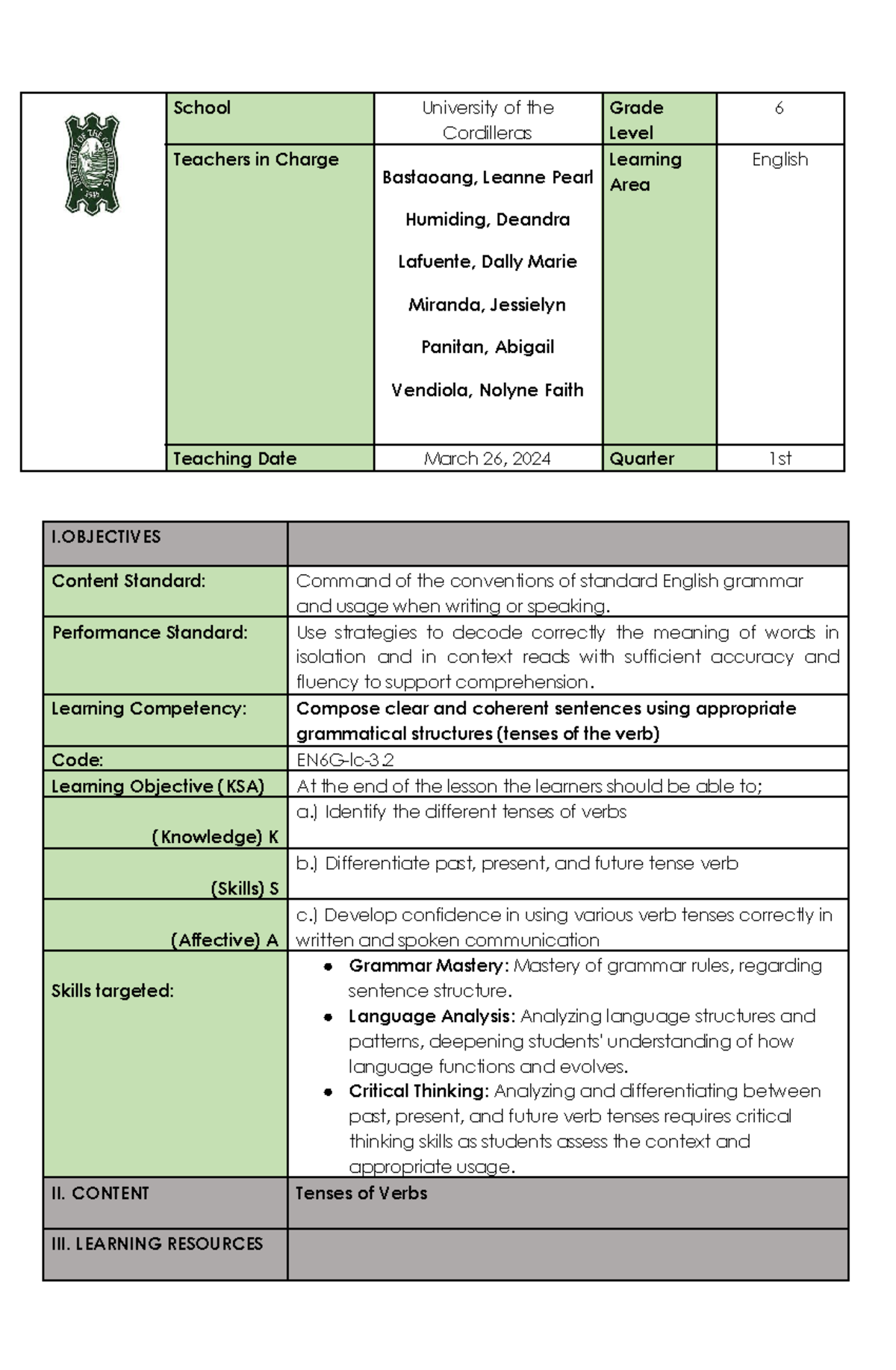 Lesson Plan ELEM ED 101 - School University of the Cordilleras Grade ...