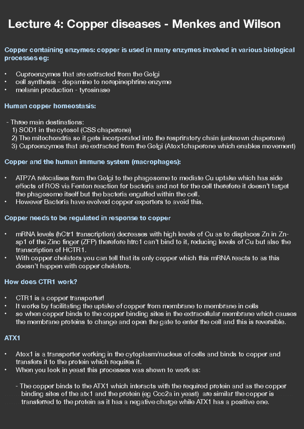 L4 Notes - Lecture 4: Copper diseases - Menkes and Wilson Copper ...
