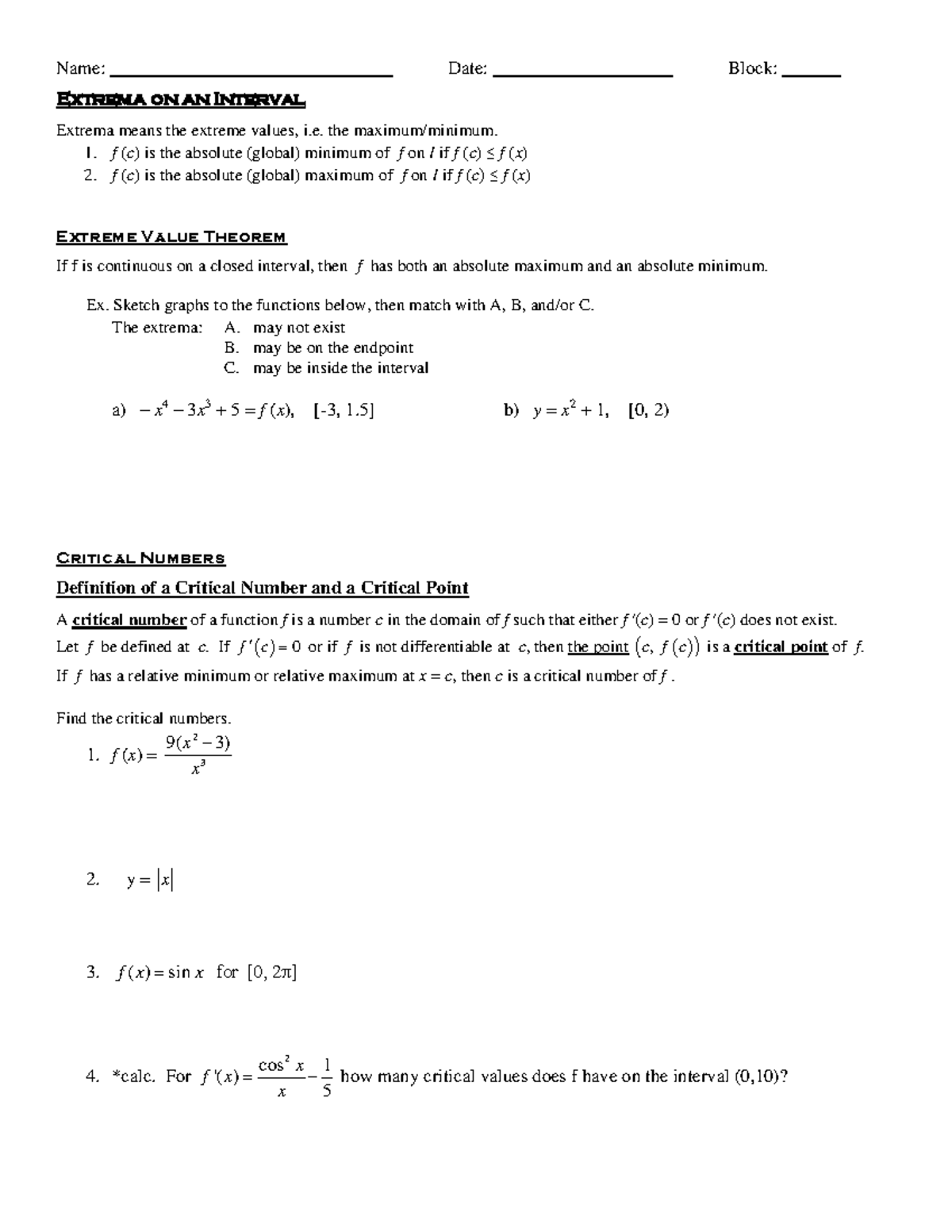 4.2+Extrema+on+Interval+MVT+Inc+dec+intervals - Name: Date: Block ...
