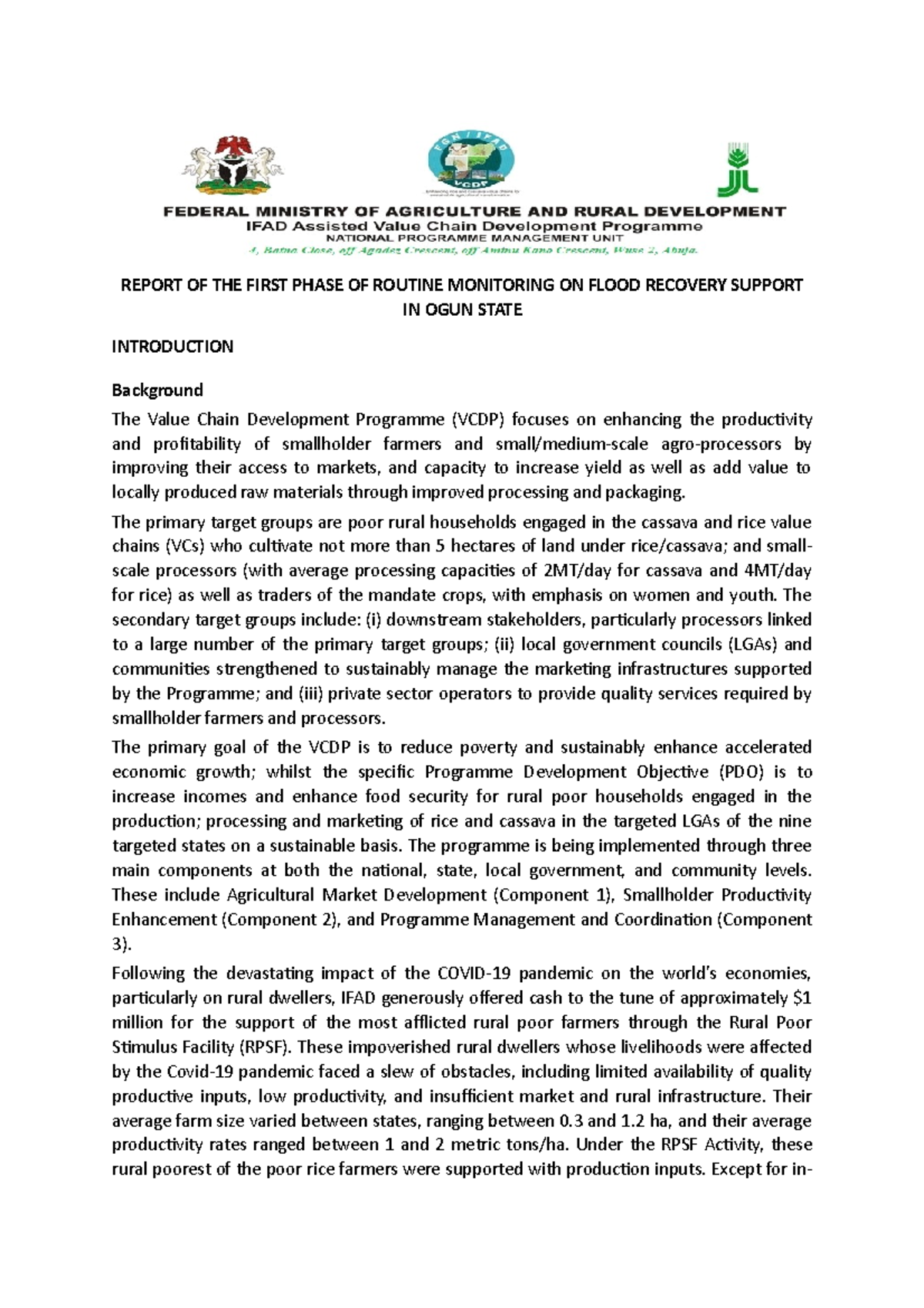 Reporting Template FOR First Phase OF Routine Monitoring ON Flood ...