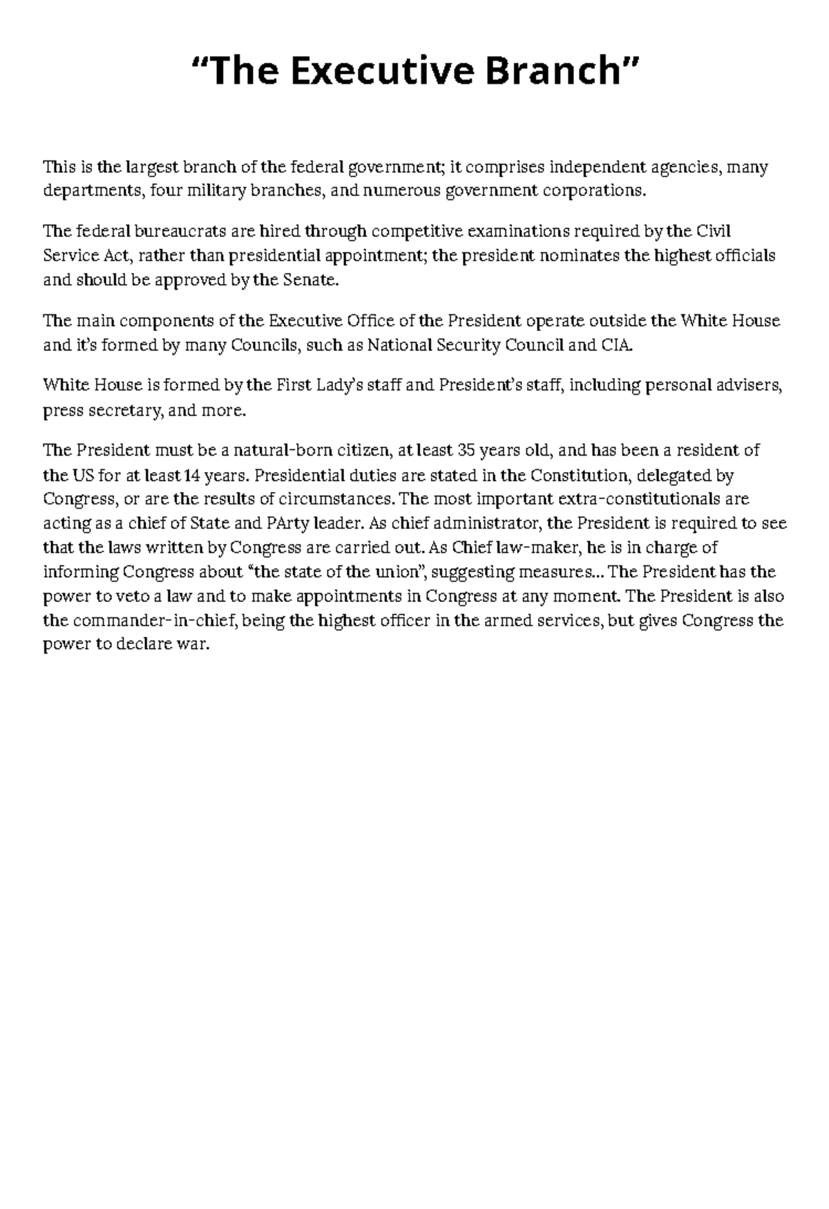 8. The Executive Branch - “The Executive Branch” This is the largest ...