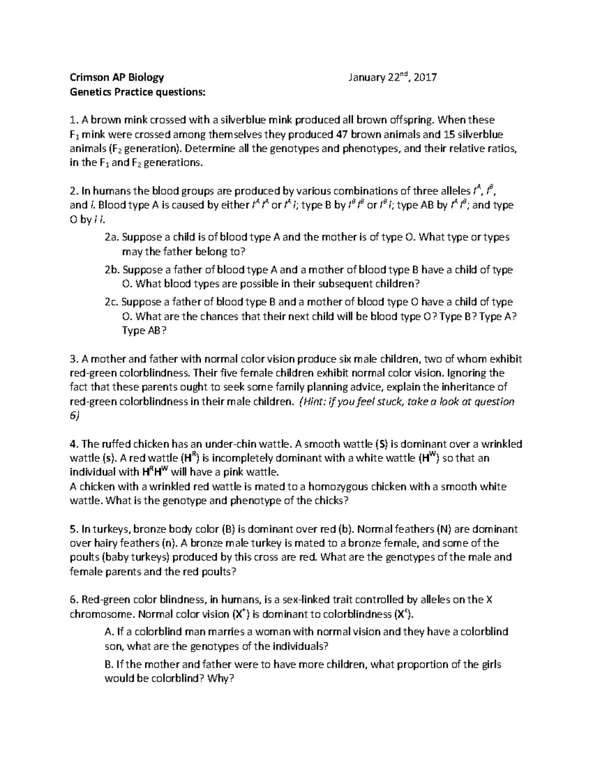 Genetics practice question set 2 - Crimson AP Biology January 22nd ...