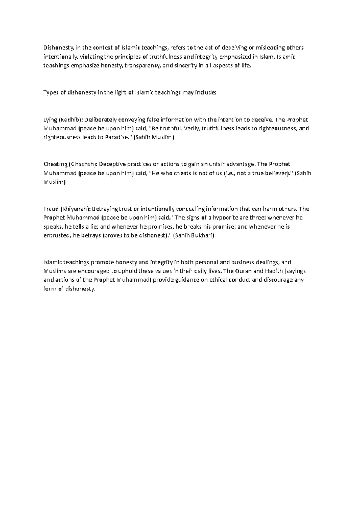 Dishonesty - Islamic teachings emphasize honesty, transparency, and ...