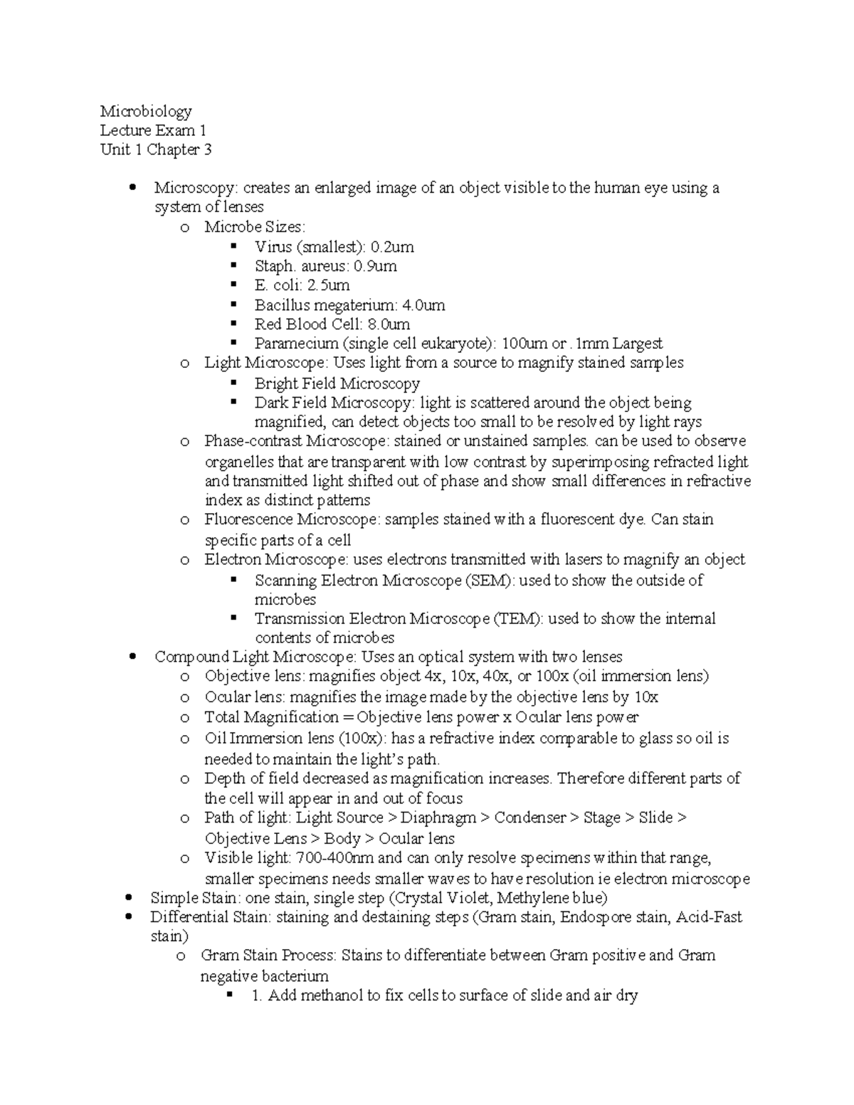 Chapter 3 Lecture Exam Notes - Microbiology Lecture Exam 1 Unit 1 ...