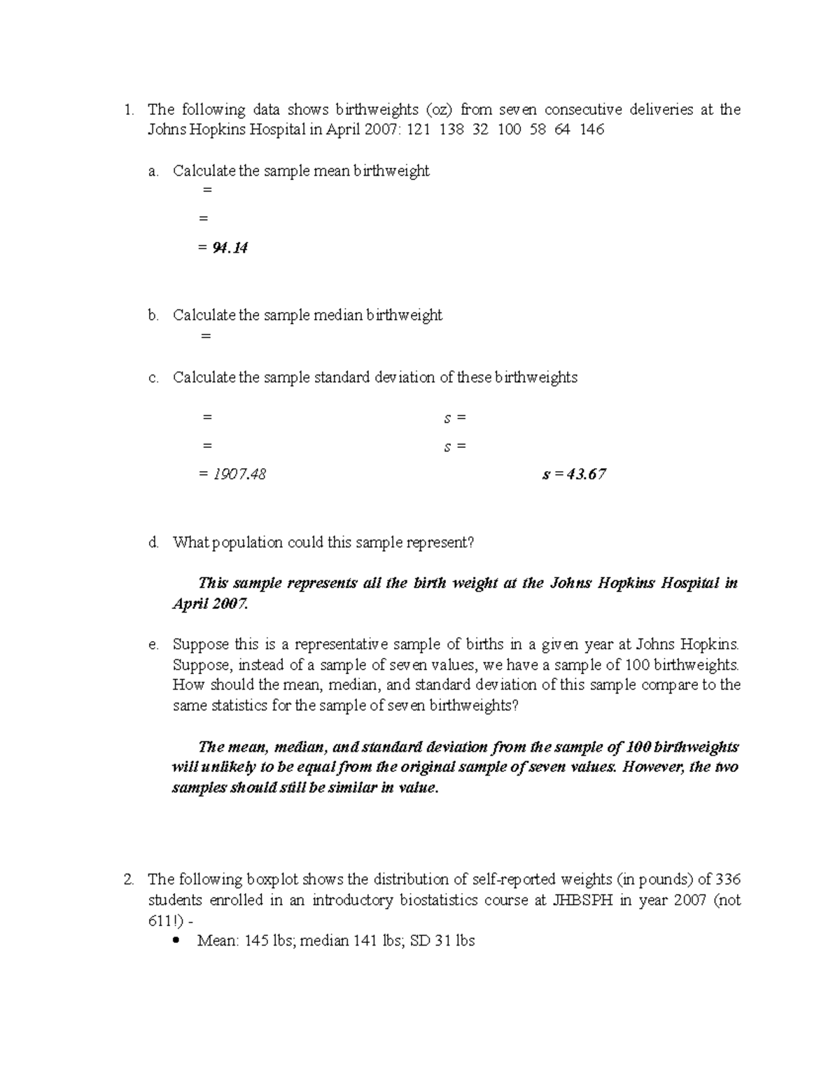 Biostatistics Examination - The following data shows birthweights (oz ...