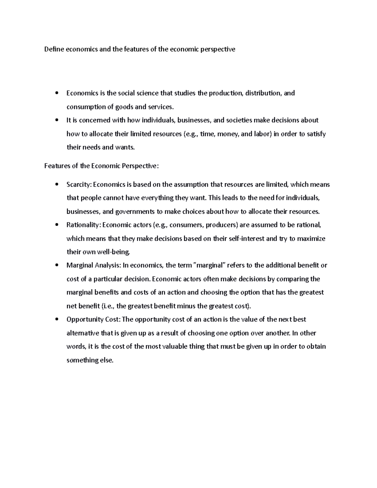 Define economics and the features of the economic perspective - It is ...