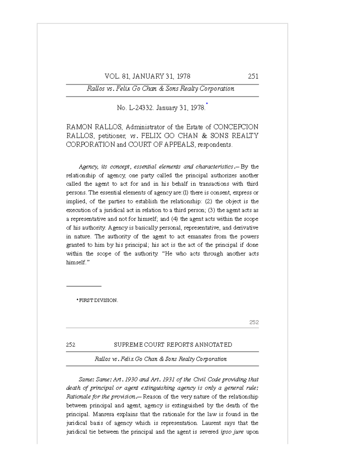 1 Rallos v. Felix Go Chan Sons Realty Corp., G.R. No. L-24332, January ...