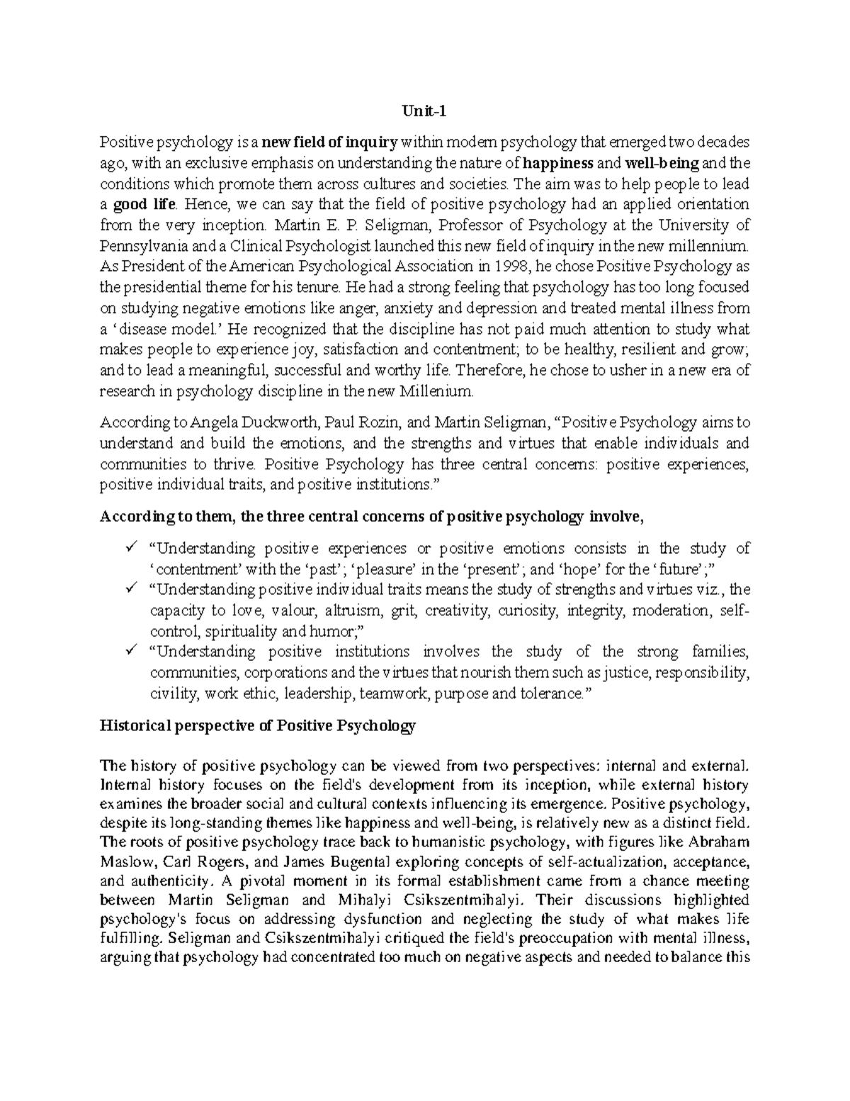 Introduction to positive Psychology - Unit- 1 Positive psychology is a ...