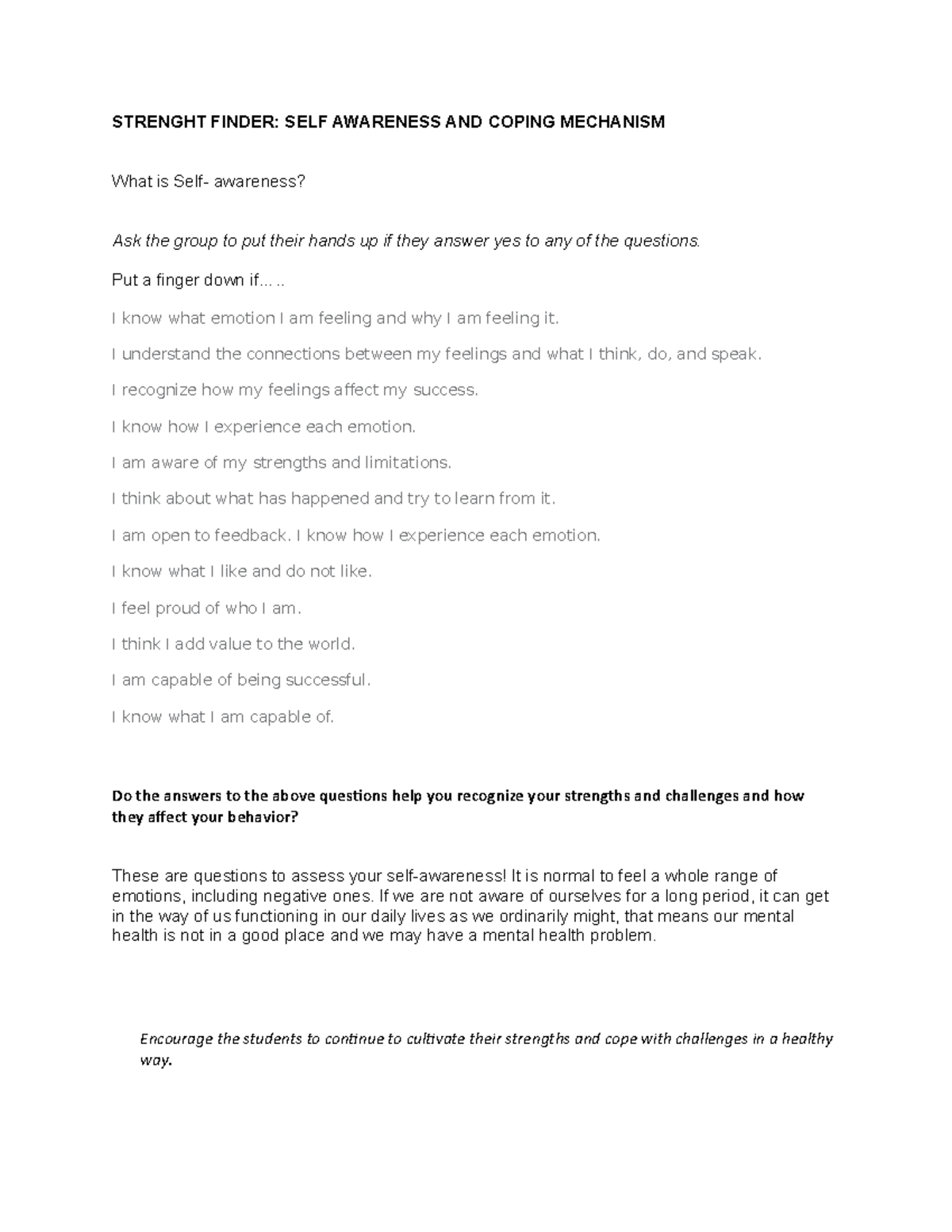 Strenght Finder - Practice material for mental health - STRENGHT FINDER ...