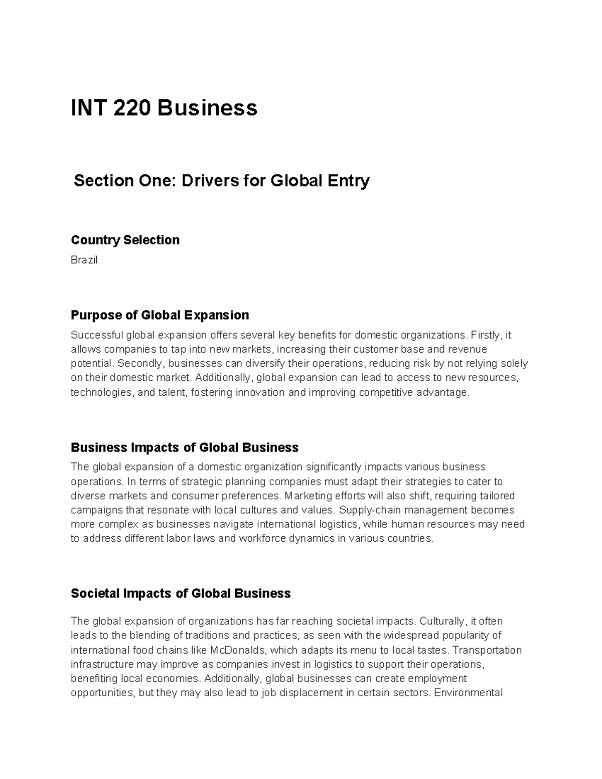 INT 220 Business M2 - Milestone 2 - INT 220 Business Section One ...