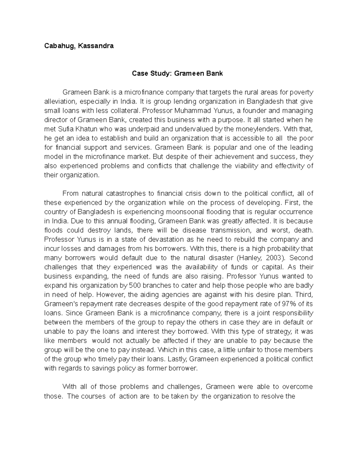 Cabahug Assignment 4 Grameen Bank - Cabahug, Kassandra Case Study ...
