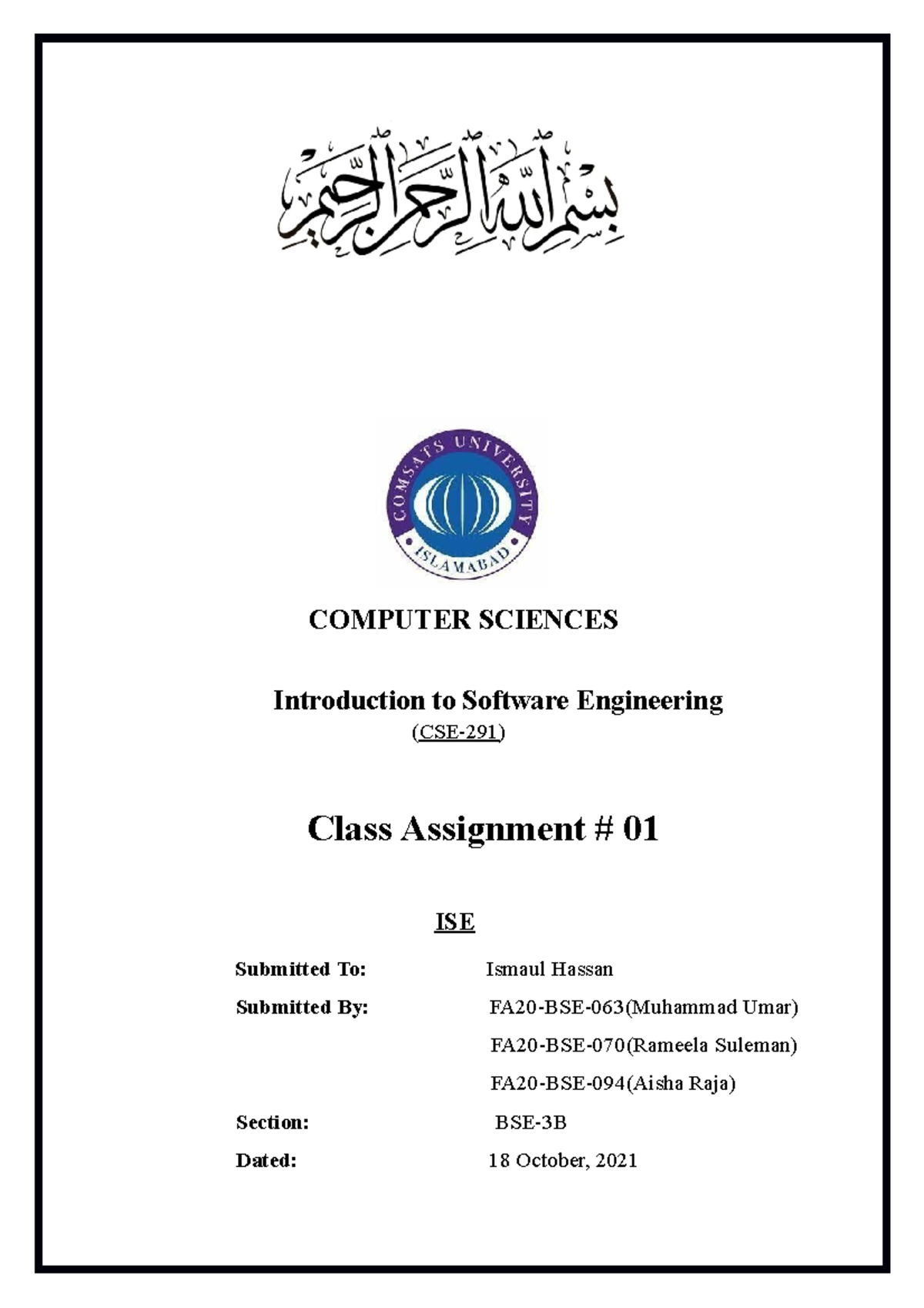 ISE Class Assignment no 1 - Introduction to Software Engineering - CUI ...
