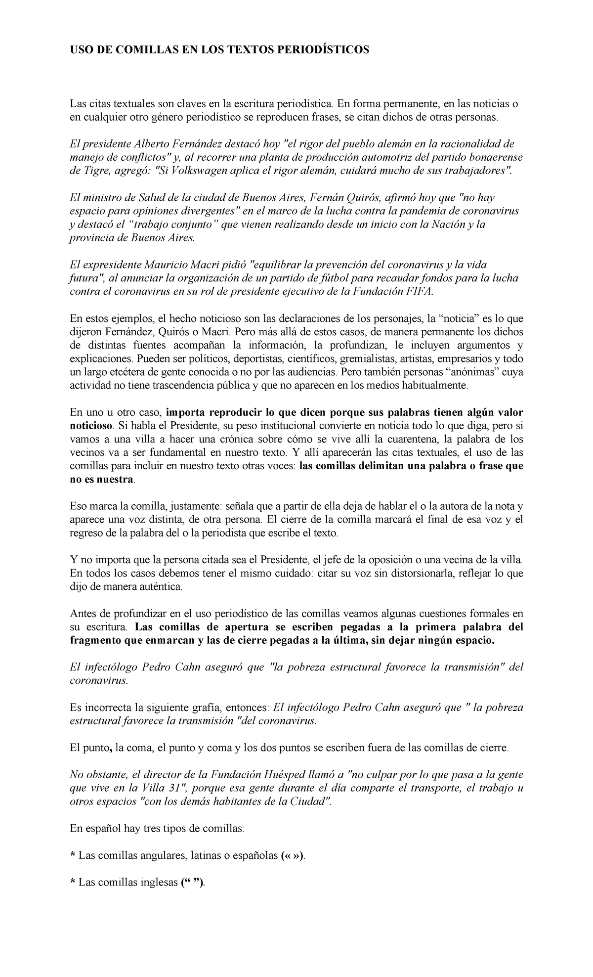 Teorico comillas - USO DE COMILLAS EN LOS TEXTOS PERIODÍSTICOS Las ...