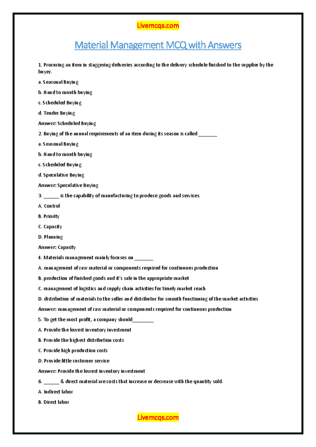 Material Management MCQ with Answers PDF - Material Management MCQ with ...