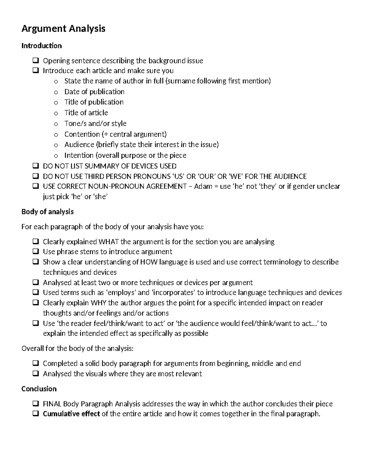 Argument Analysis Check List Year 10 - Argument Analysis Introduction ...