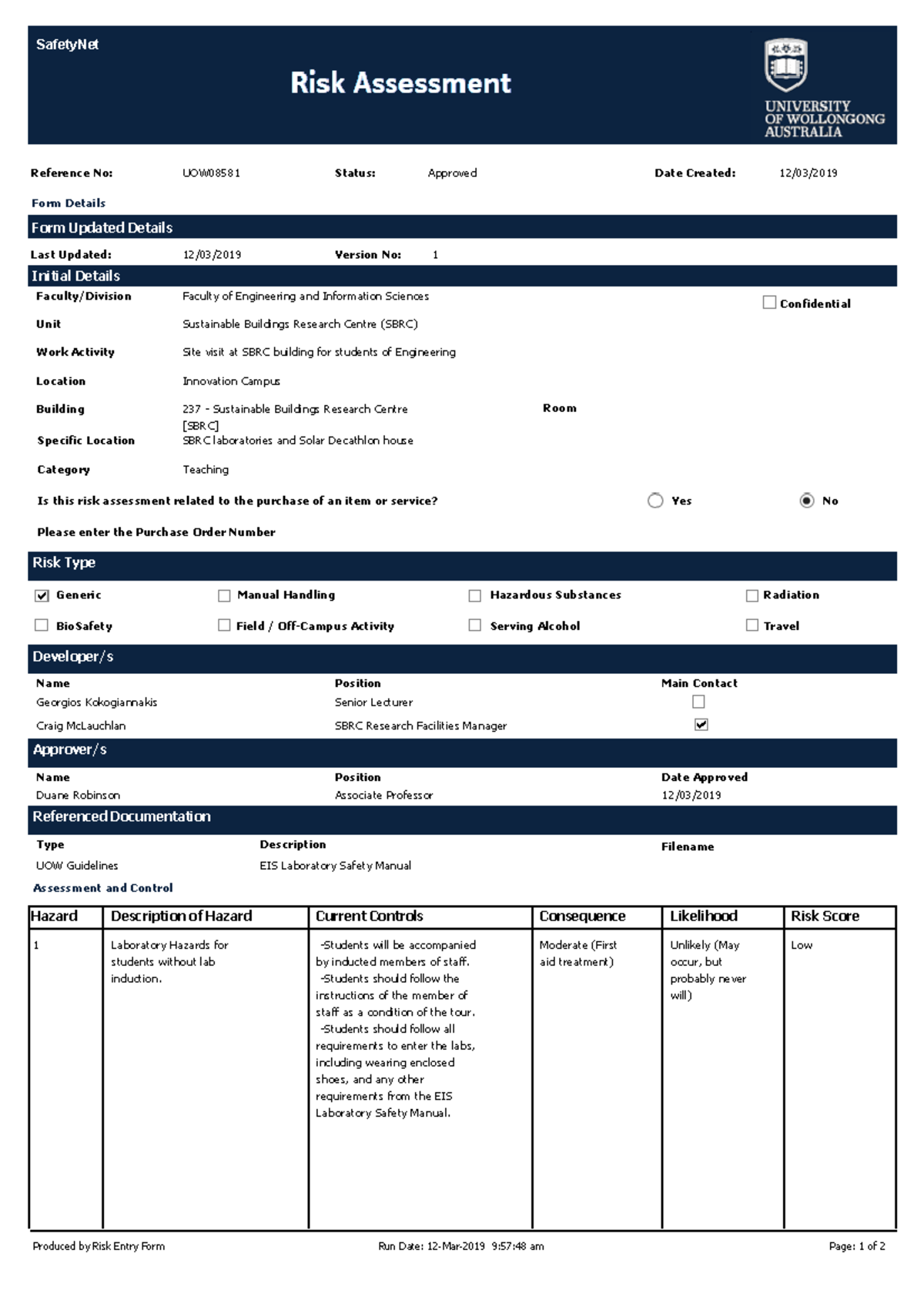 Fieldwork Risk Assessment Form - SafetyNet Reference No: UOW08581 ...