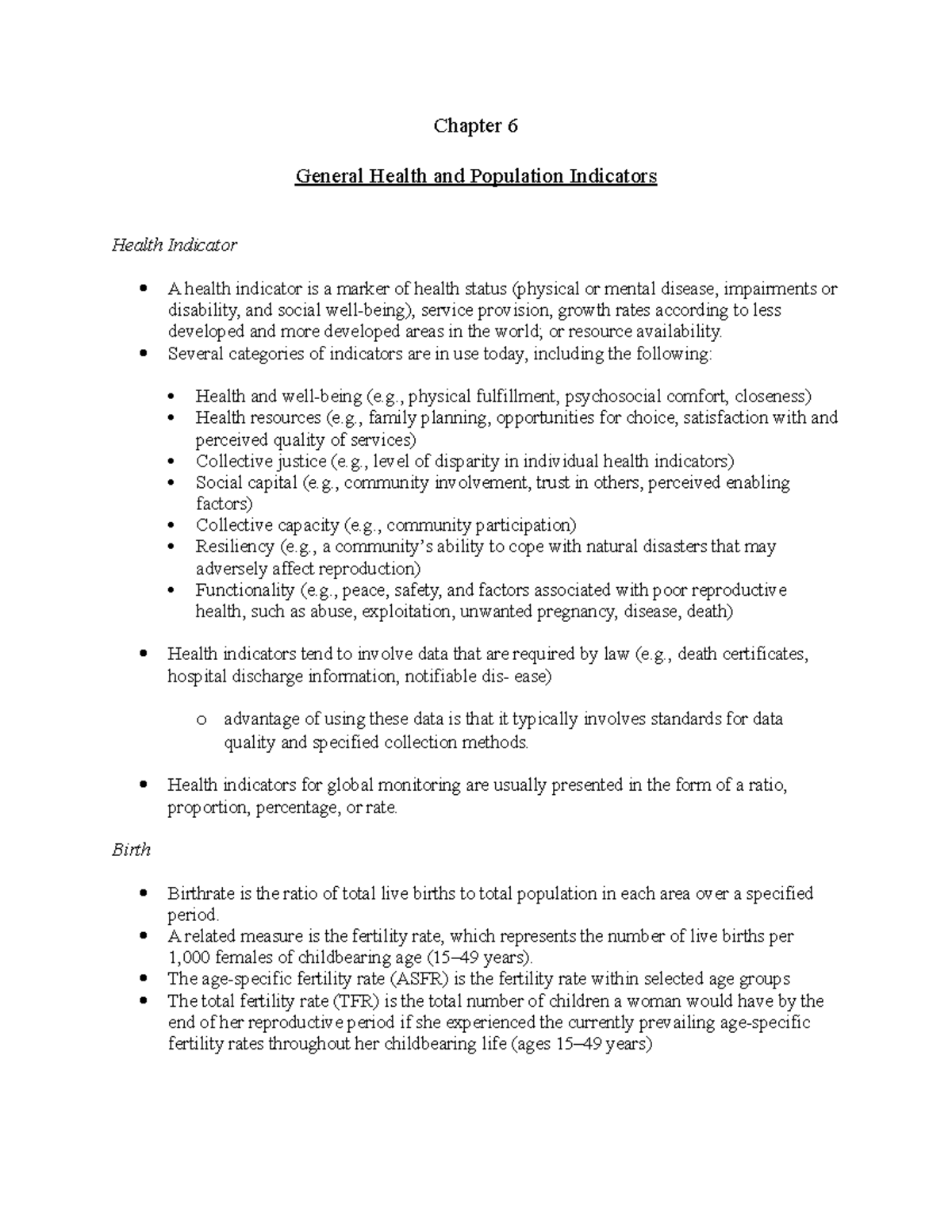 Introduction to Epi - Chapter 6 Notes - Chapter 6 General Health and ...