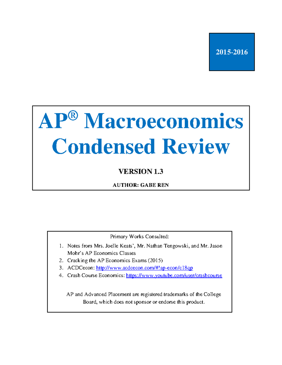 [AP Economics] Macro Condensed Review 1 - Primary Works Consulted: 1 ...