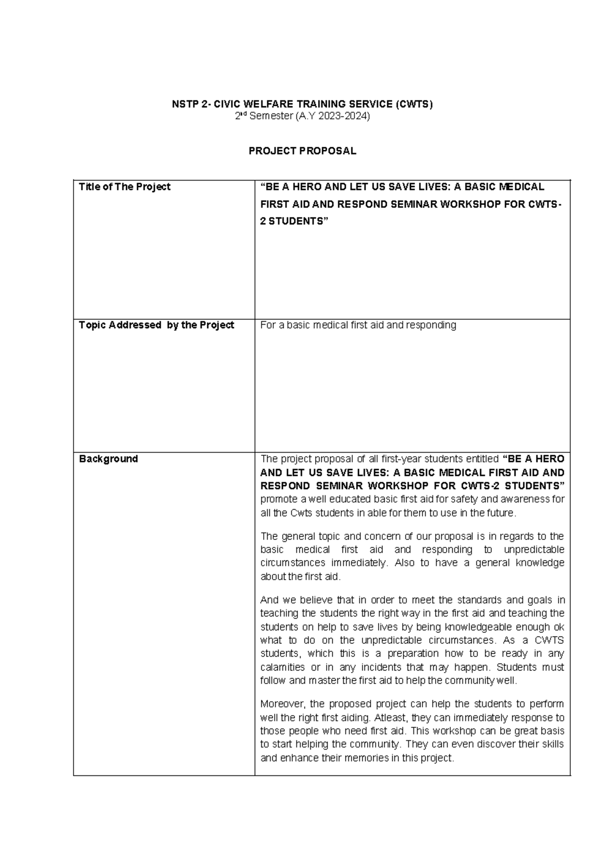 Sample- Project- Proposal nicka - NSTP 2- CIVIC WELFARE TRAINING ...
