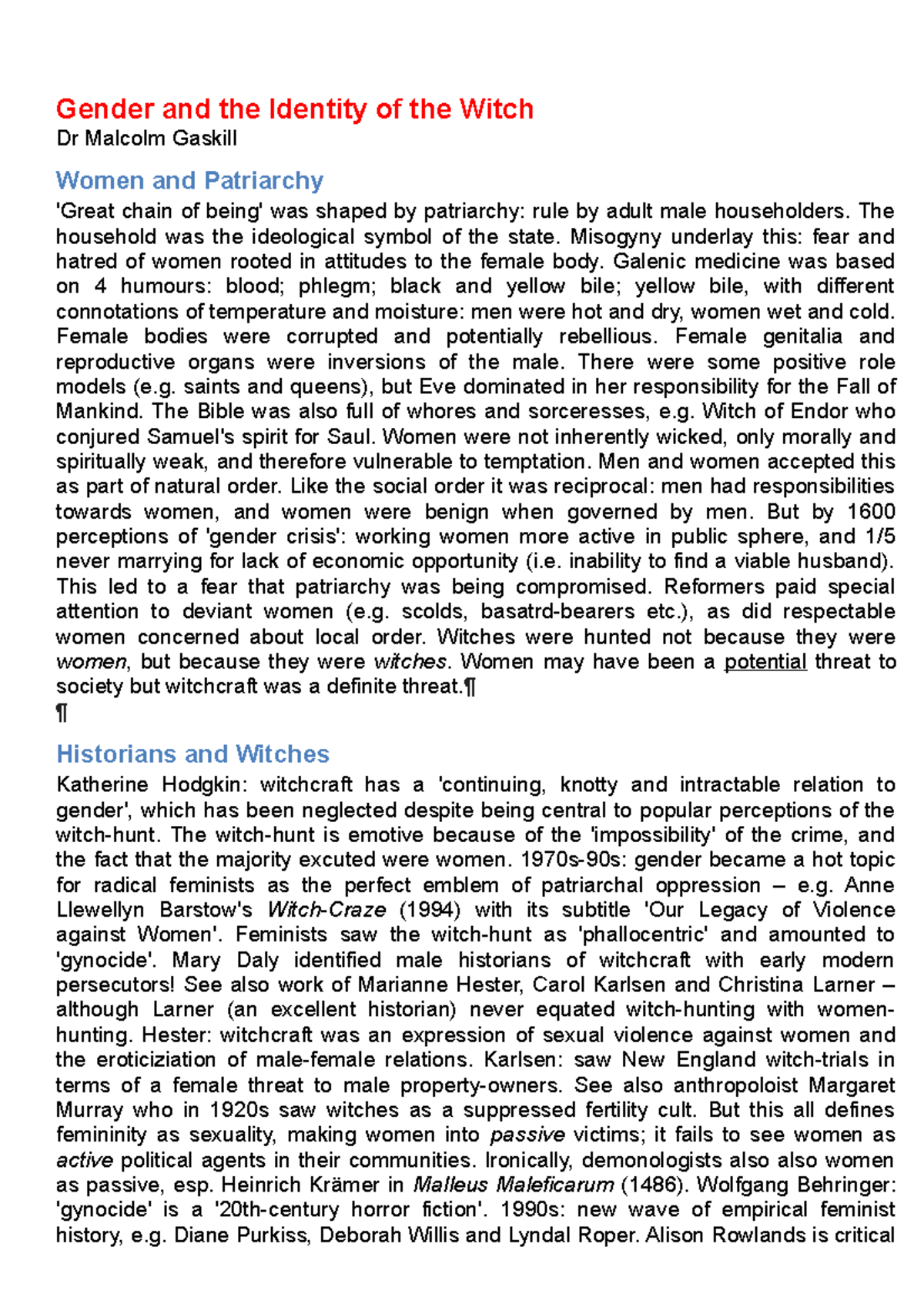 Witchcraft Lecture 7 - Gender and the Identity of the Witch Dr Malcolm ...