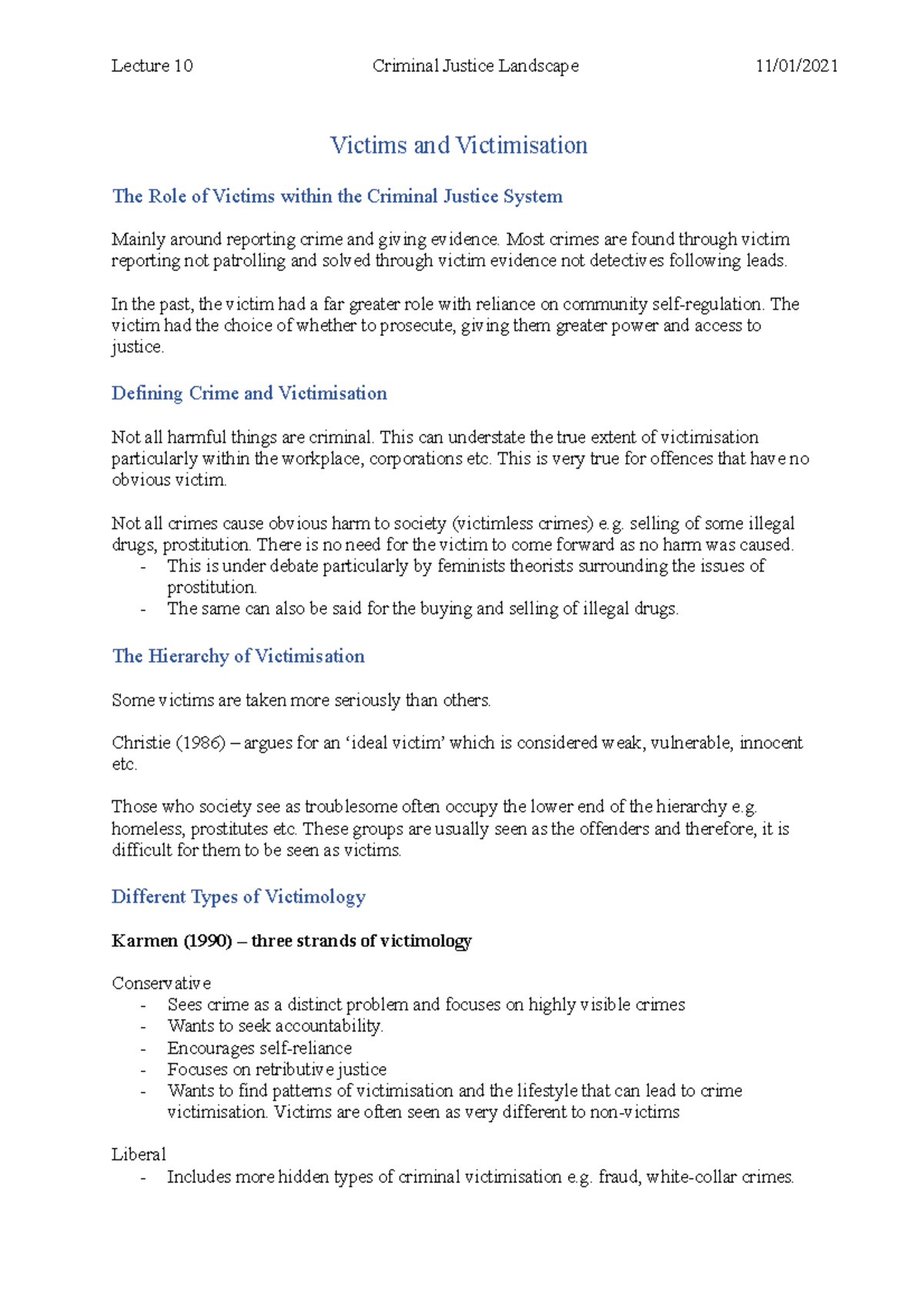 Victims and Victimisation - Lecture 10 Criminal Justice Landscape 11/01 ...