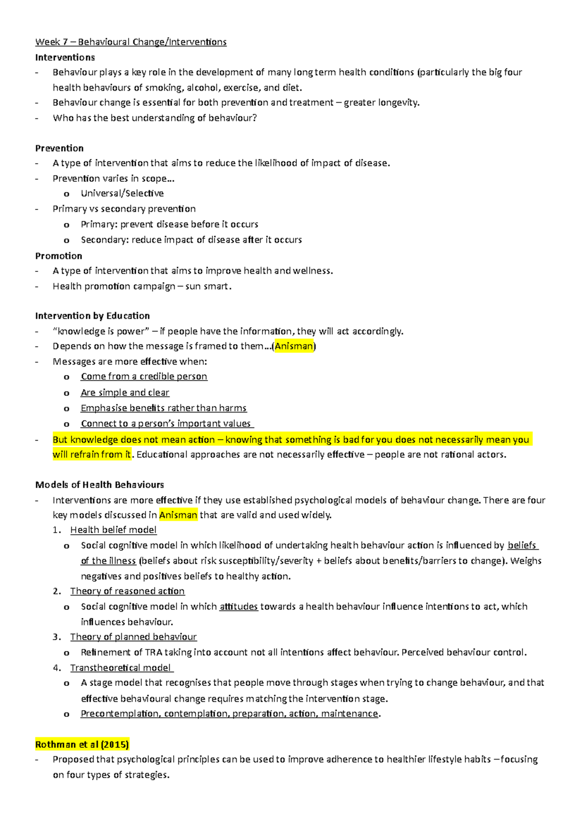 PSYC324 No - sem 2 last half stuff - Week 7 – Behavioural Change ...