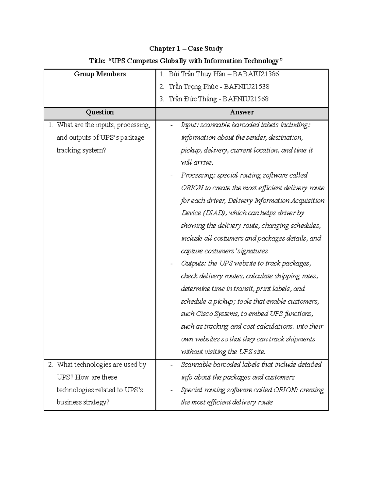 Chapter 1 - Chapter 1 – Case Study Title: “UPS Competes Globally with ...