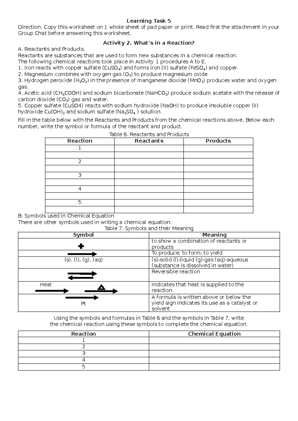 Learning Task 5 - Chemical Reactions - Reactants and Products ...