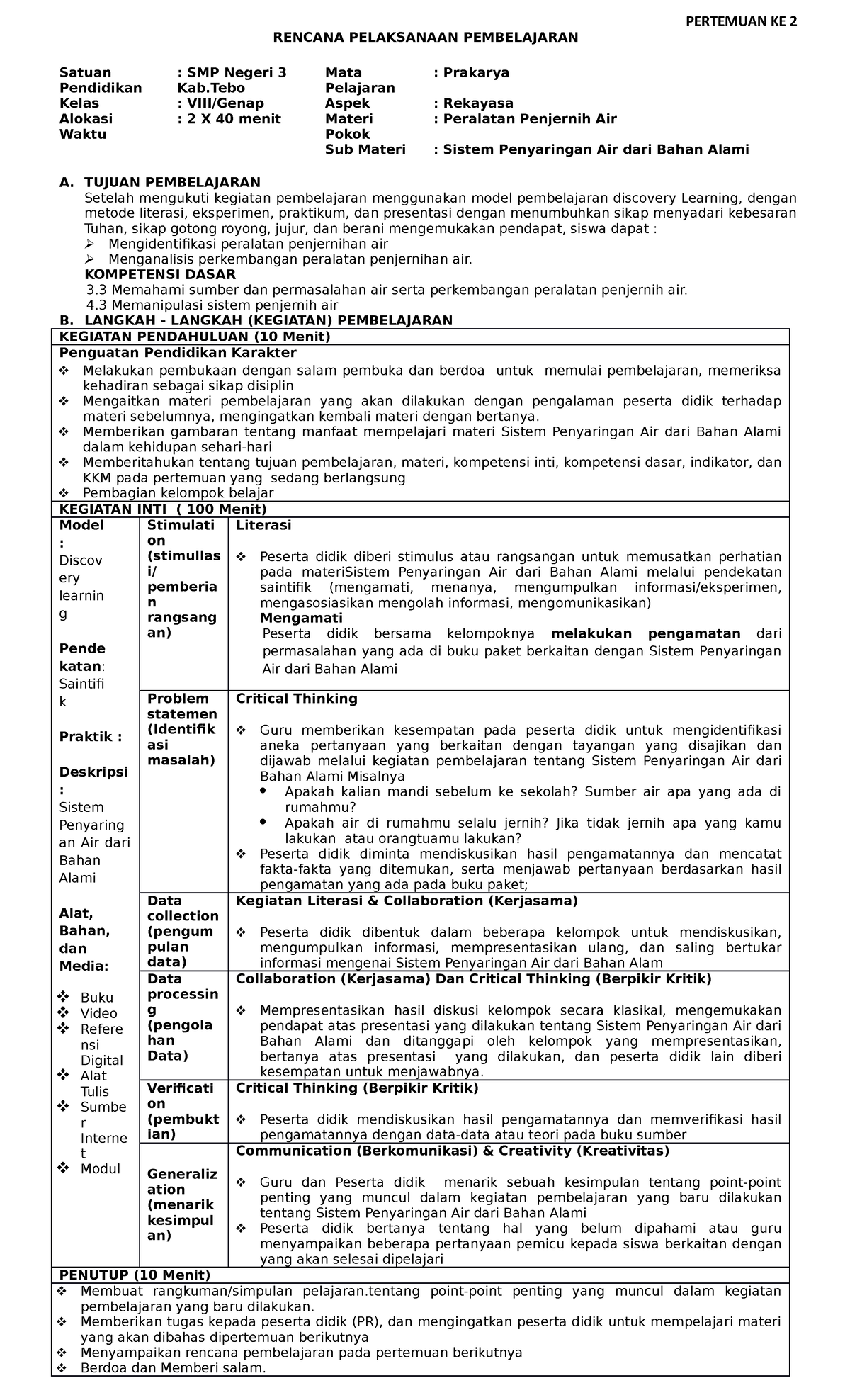 Rpp rekayasa 2 PKR KLS 8 GENAP - PERTEMUAN KE 2 RENCANA PELAKSANAAN PEMBELAJARAN Satuan ...