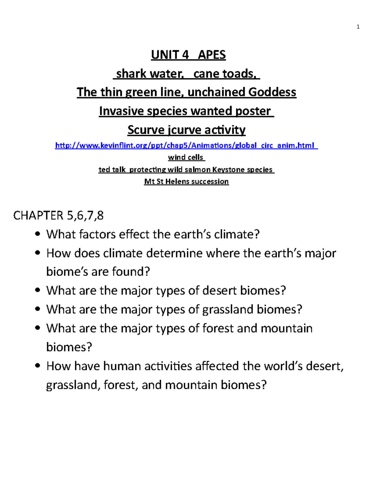 Notes UNIT 4 APES - UNIT 4 APES shark water, cane toads, The thin green ...