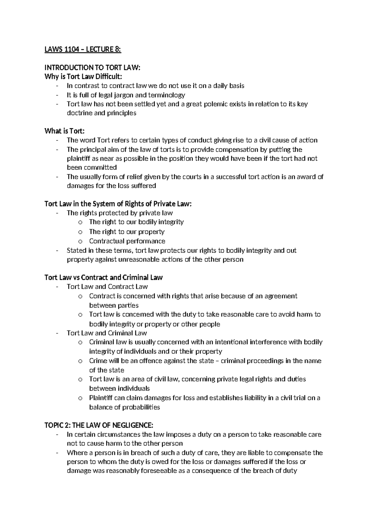 LAWS 1104 - Lecture 8 - LAWS 1104 – LECTURE 8: INTRODUCTION TO TORT LAW ...